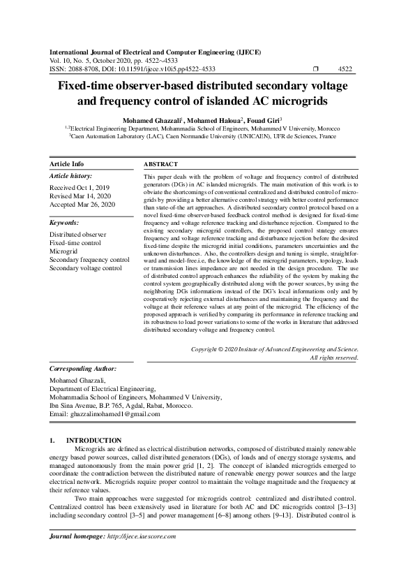(PDF) Fixed-time observer-based distributed secondary voltage and frequency control of islanded ...