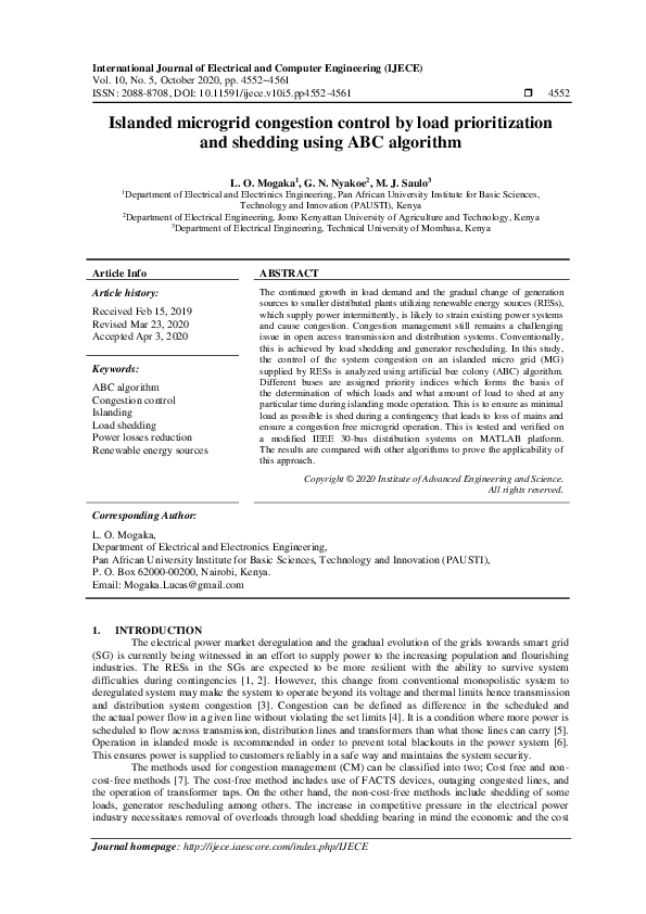 Pdf Islanded Microgrid Congestion Control By Load Prioritization And Shedding Using Abc Algorithm
