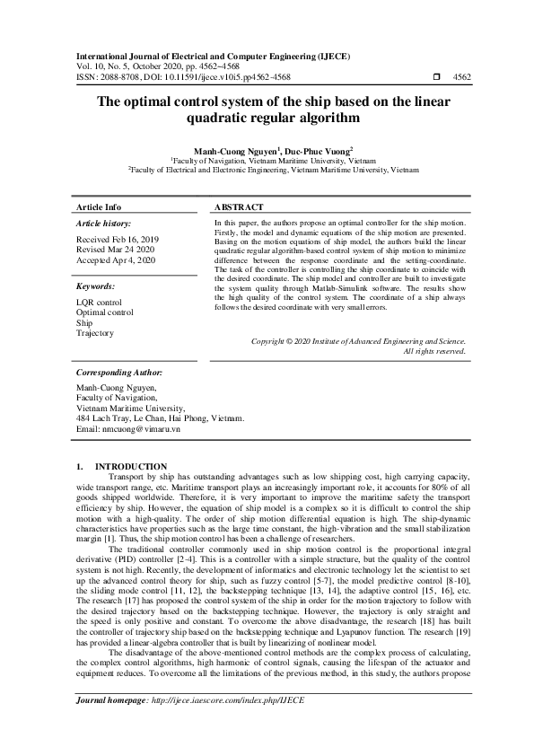 (PDF) The optimal control system of the ship based on the linear quadratic regular algorithm