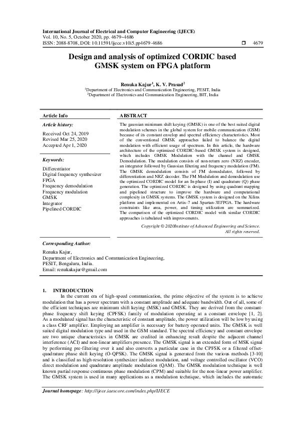 Pdf Design And Analysis Of Optimized Cordic Based Gmsk System On Fpga Platform