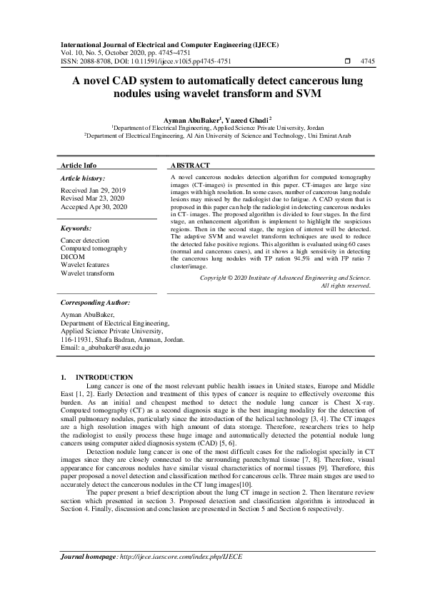 Pdf A Novel Cad System To Automatically Detect Cancerous Lung Nodules Using Wavelet Transform