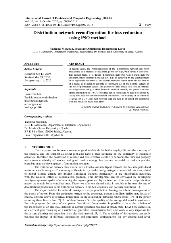 Pdf Distribution Network Reconfiguration For Loss Reduction Using Pso Method