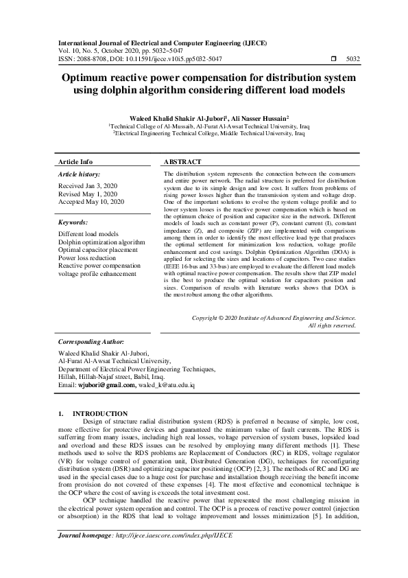 Pdf Optimum Reactive Power Compensation For Distribution System Using Dolphin Algorithm