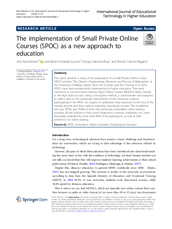 (PDF) The implementation of Small Private Online Courses (SPOC) as a ...