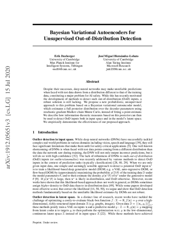 Pdf Bayesian Variational Autoencoders For Unsupervised Out Of