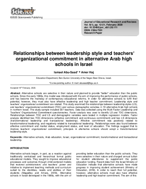 (PDF) Relationships between leadership style and teachers ...