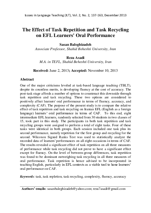 (PDF) The Effect of Task Repetition and Task Recycling on EFL Learners ...