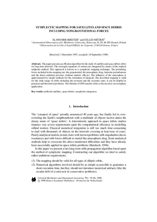 (PDF) Symplectic Mapping for Satellites and Space Debris Including ...