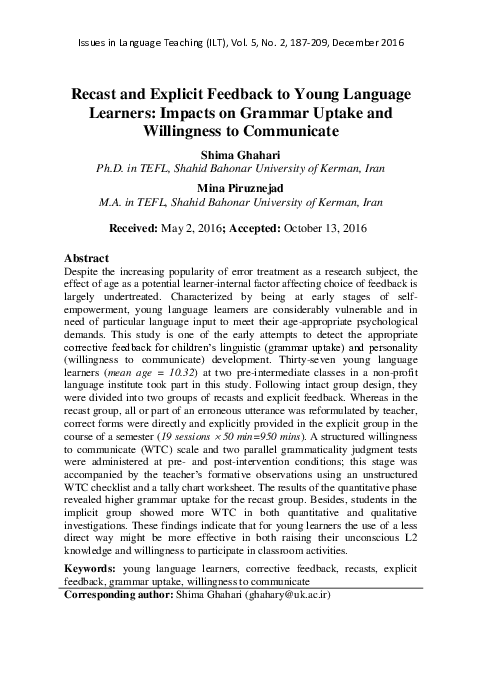 (PDF) Recast and Explicit Feedback to Young Language Learners: Impacts ...