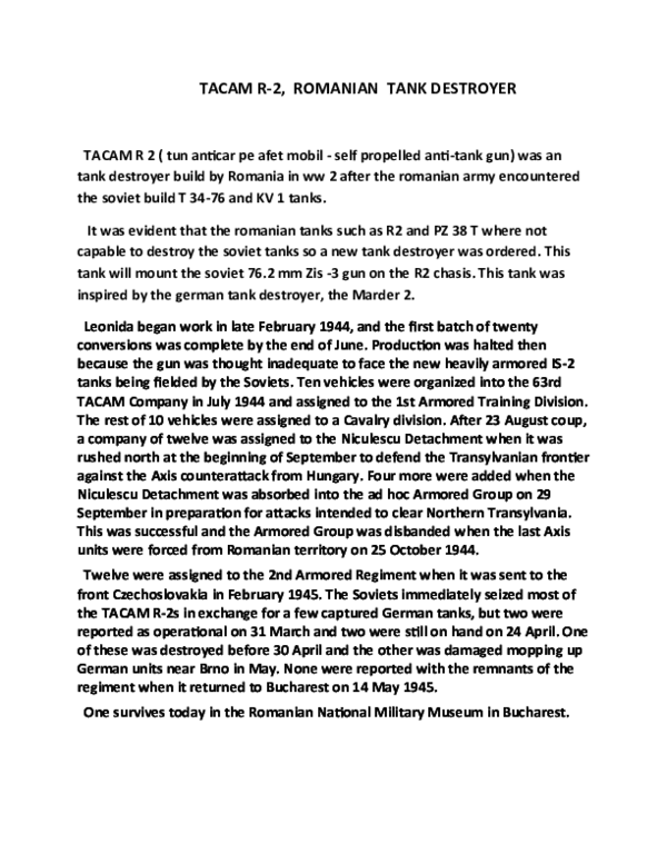 (DOC) TACAM R-2, ROMANIAN TANK DESTROYER