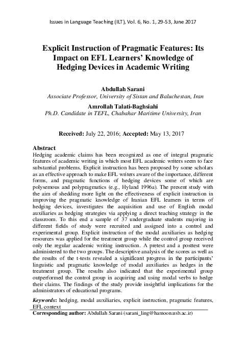(PDF) Explicit Instruction of Pragmatic Features: Its Impact on EFL Learners' Knowledge of ...