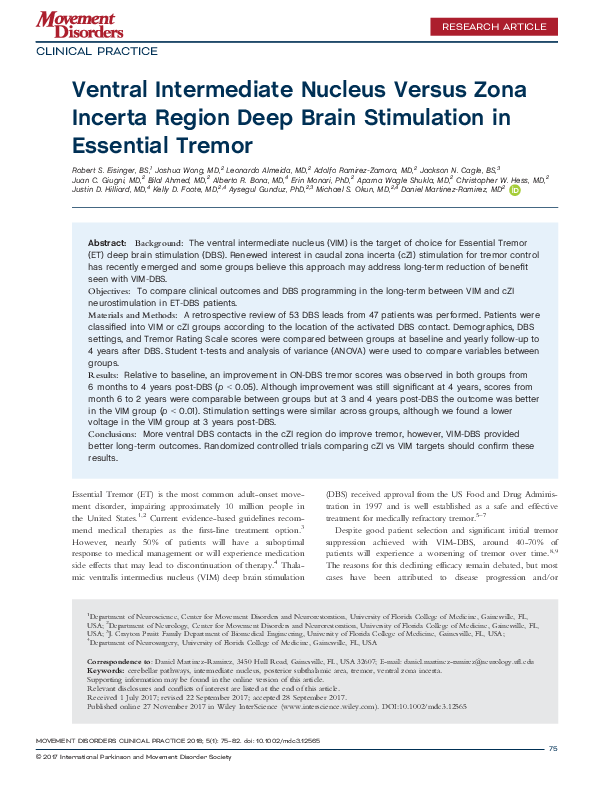 (PDF) Ventral Intermediate Nucleus Versus Zona Incerta Region Deep ...