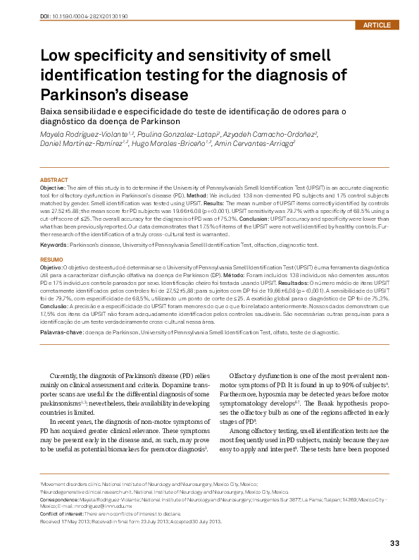(PDF) Low specificity and sensitivity of smell identification testing ...