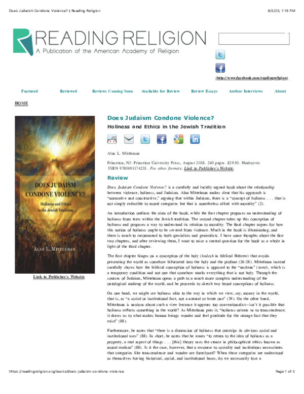 (PDF) Review of Alan Mittleman, _Does Judaism Condone Violence ...