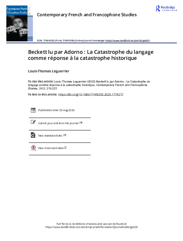 (PDF) Beckett lu par Adorno : La catastrophe du langage comme réponse à ...