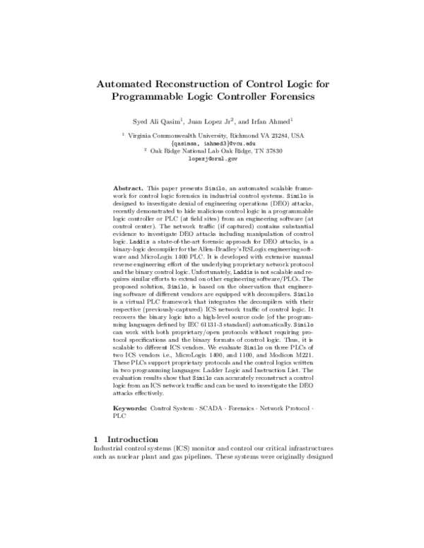 (PDF) Automated Reconstruction of Control Logic for Programmable Logic Controller Forensics