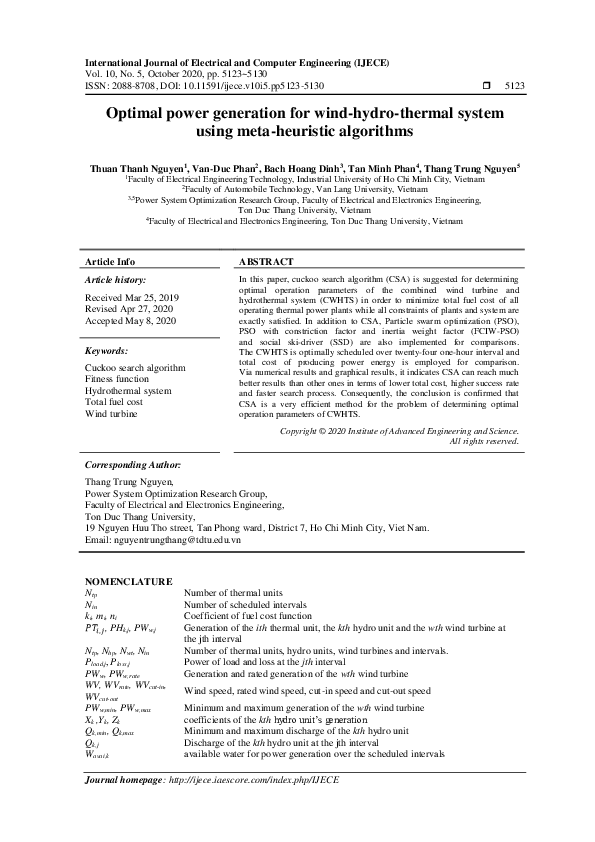 Pdf Optimal Power Generation For Wind Hydro Thermal System Using Meta Heuristic Algorithms