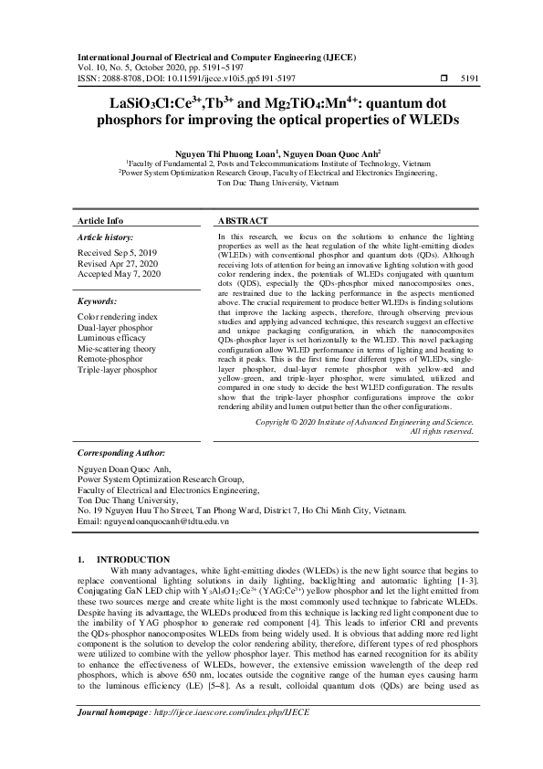 (PDF) LaSiO3Cl:Ce 3+ ,Tb 3+ and Mg2TiO4:Mn 4+ : quantum dot phosphors for improving the optical ...