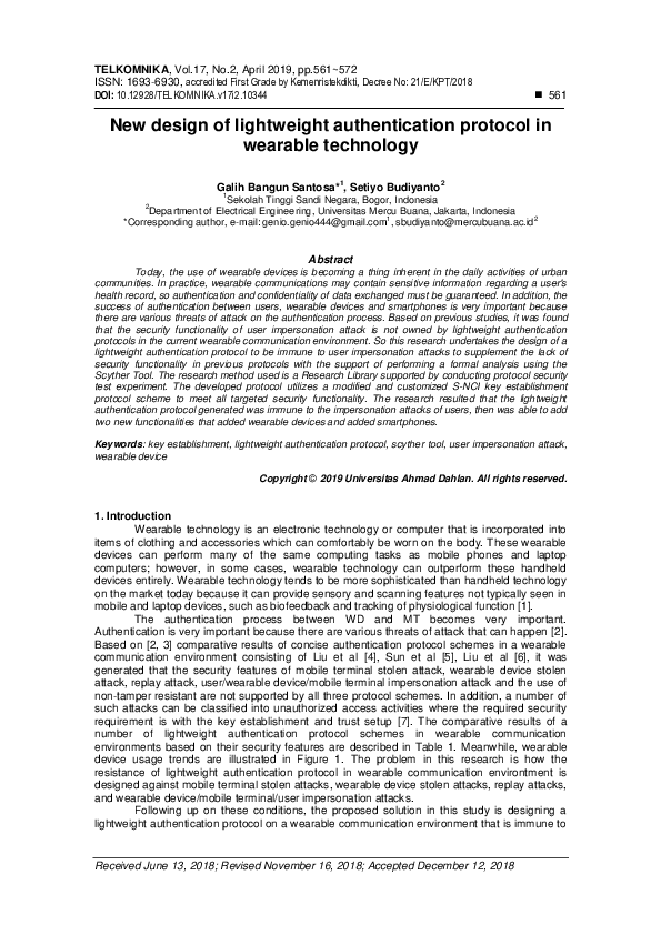 Pdf New Design Of Lightweight Authentication Protocol In Wearable
