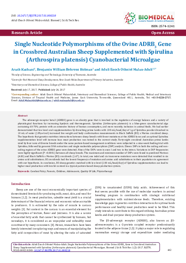 (PDF) ADRB3 SNPs in Australian Sheep with Spirulina
