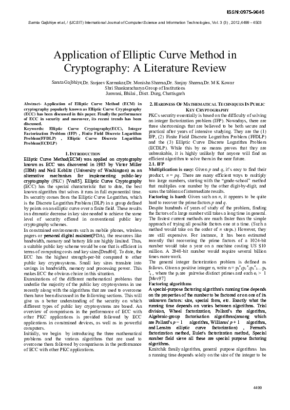 Pdf Application Of Elliptic Curve Method In Cryptography A