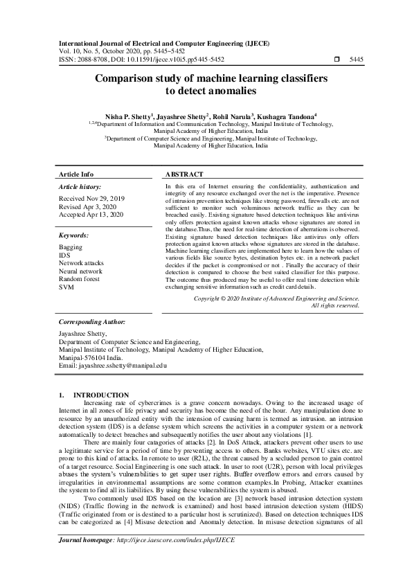 (PDF) Comparison study of machine learning classifiers to detect anomalies