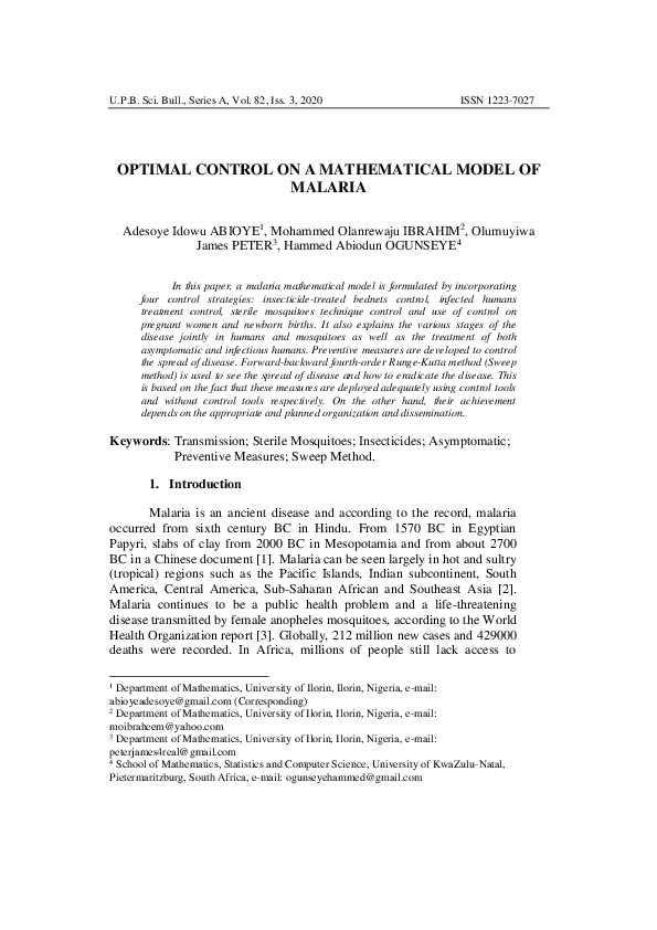 (PDF) OPTIMAL CONTROL ON A MATHEMATICAL MODEL OF MALARIA