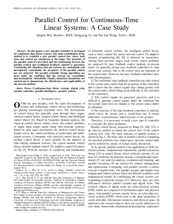 (PDF) Parallel Control for Continuous-Time Linear Systems: A Case Study