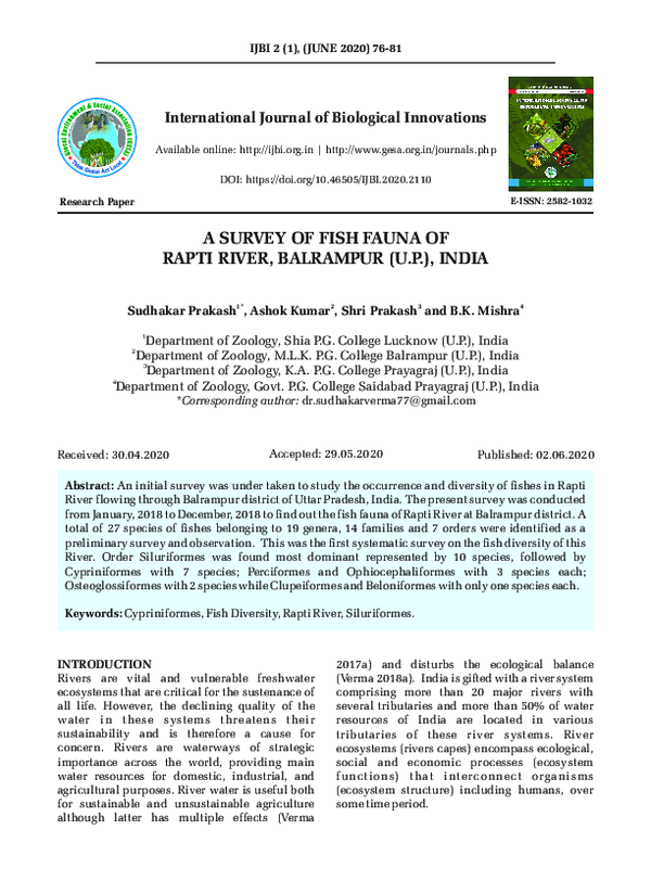 (PDF) A SURVEY OF FISH FAUNA OF RAPTI RIVER, BALRAMPUR (U.P.), INDIA