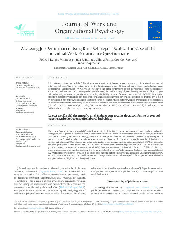 (PDF) Assessing Job Performance Using Brief Self-report Scales: The ...