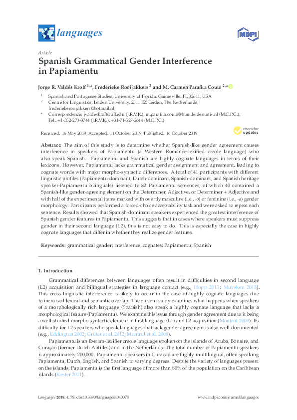 (PDF) Spanish Grammatical Gender Interference in Papiamentu | Languages ...