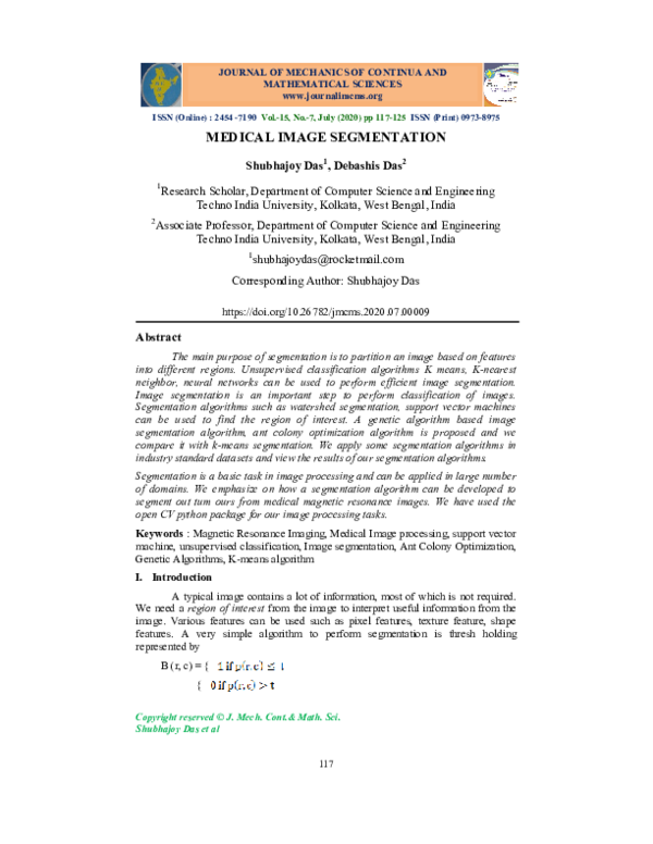 (PDF) MEDICAL IMAGE SEGMENTATION