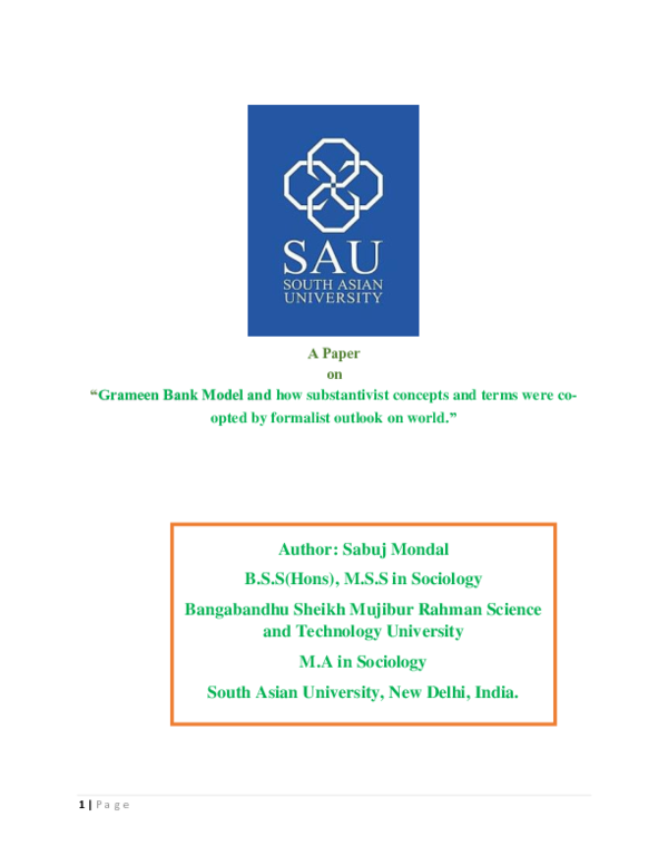 (PDF) A Paper on the "Grameen Bank Model and how substantive concepts ...