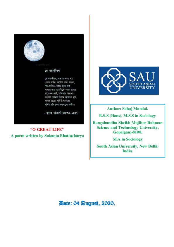 (PDF) "O GREAT LIFE" A poem written by Sukanta Bhattacharya