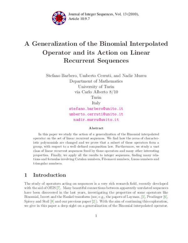(PDF) A generalization of the Binomial operator and its action on linear recurrent sequences ...