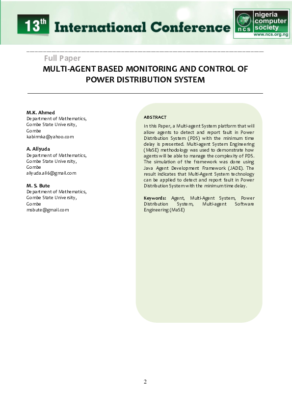 (PDF) MULTI-AGENT BASED MONITORING AND CONTROL OF POWER DISTRIBUTION SYSTEM | ALIYUDA ali ...