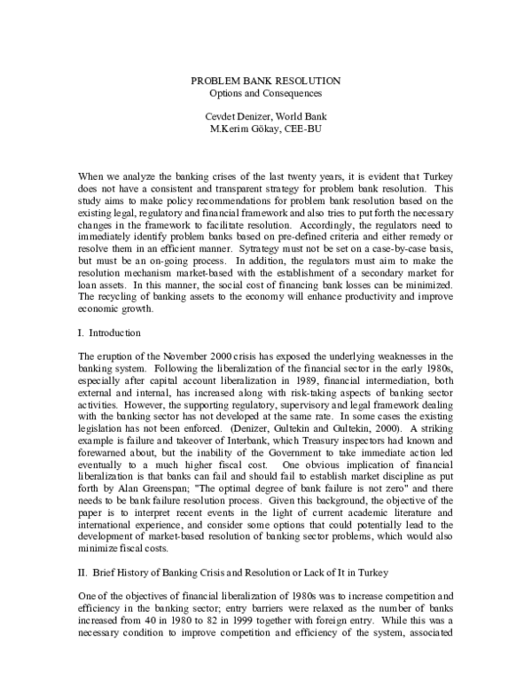 (DOC) PROBLEM BANK RESOLUTION Options and Consequences