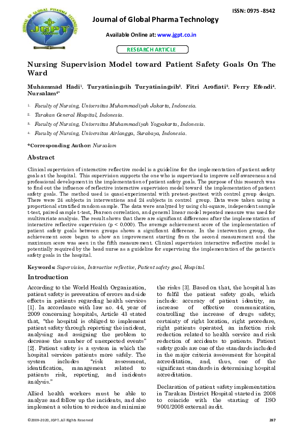 (PDF) Nursing Supervision Model toward Patient Safety Goals On The Ward
