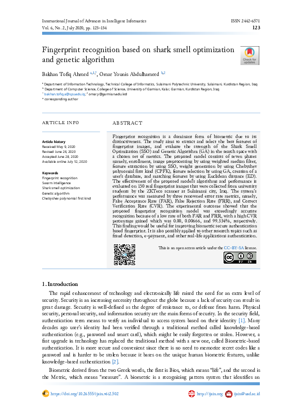 Pdf Fingerprint Recognition Based On Shark Smell Optimization And Genetic Algorithm