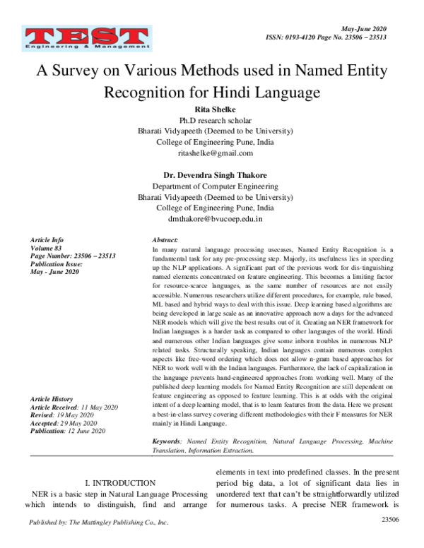 Pdf A Survey On Various Methods Used In Named Entity Recognition For Hindi Language
