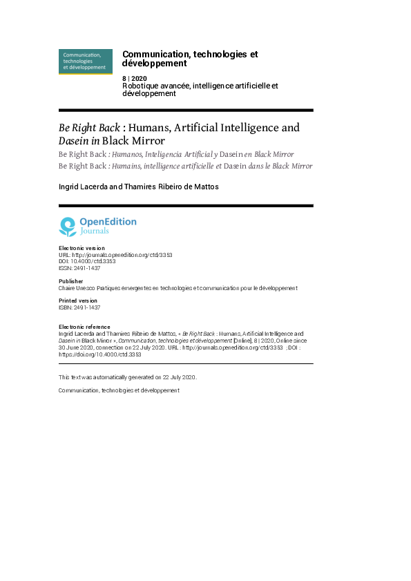 (PDF) Be Right Back: Humans, Artificial Intelligence and Dasein in ...