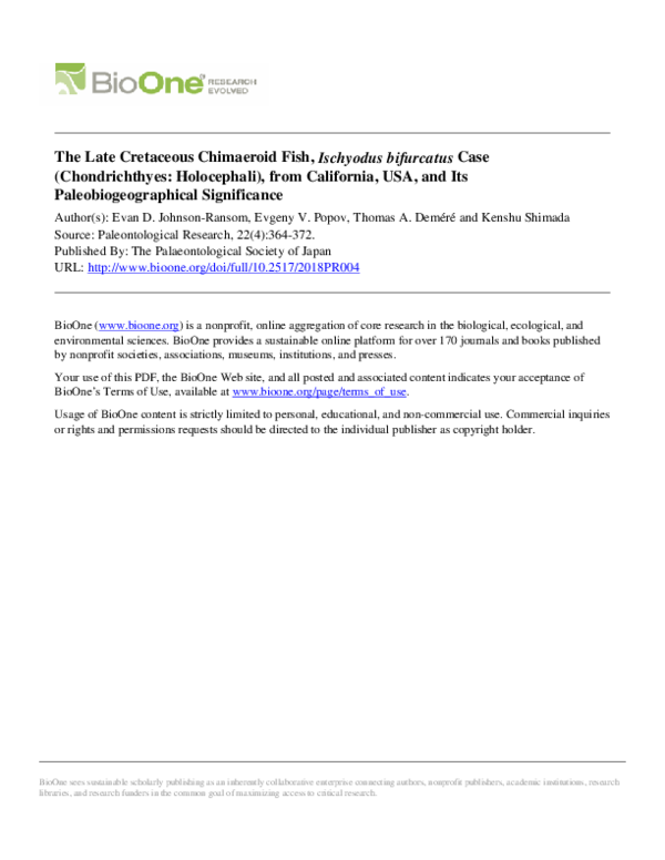 (PDF) The Late Cretaceous Chimaeroid Fish, Ischyodus bifurcatus Case ...