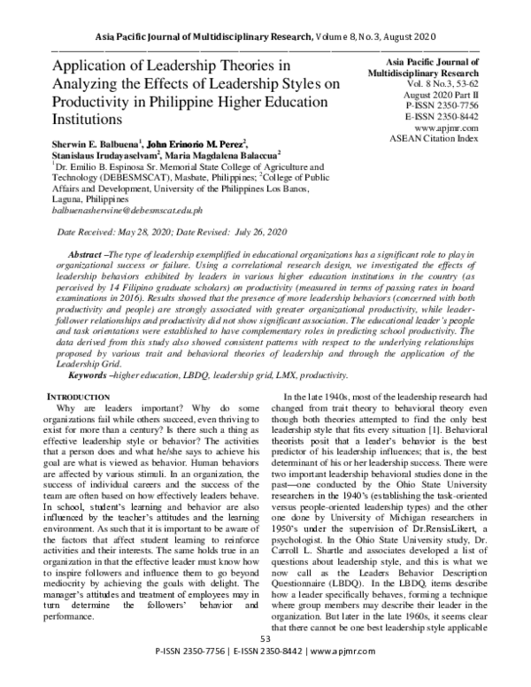 (PDF) Application of Leadership Theories in Analyzing the Effects of ...
