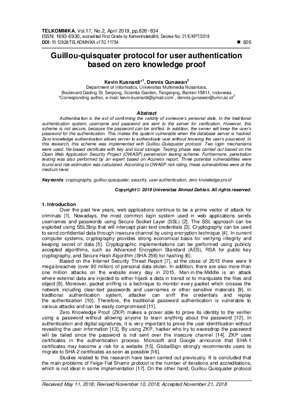 (PDF) Guillou-quisquater protocol for user authentication based on zero knowledge proof