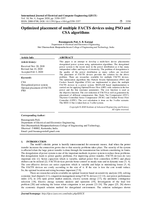 Pdf Optimized Placement Of Multiple Facts Devices Using Pso And Csa Algorithms
