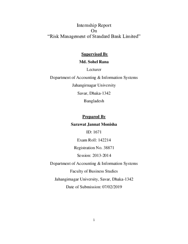 (PDF) Internship Report On "Risk Management of Standard Bank Limited"