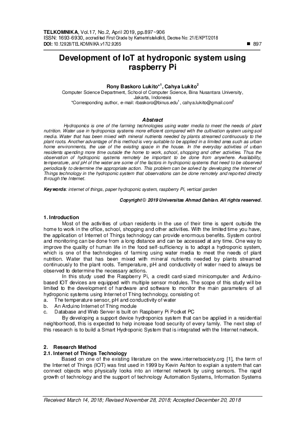 Pdf Development Of Iot At Hydroponic System Using Raspberry Pi