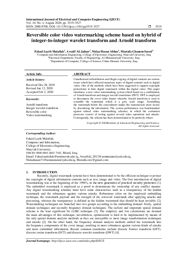 (PDF) Reversible color video watermarking scheme based on hybrid of integer-to-integer wavelet ...