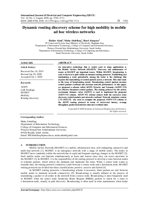 Pdf Dynamic Routing Discovery Scheme For High Mobility In Mobile Ad Hoc Wireless Networks