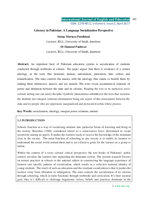 (PDF) Literacy in Pakistan: A Language Socialization Perspective ...